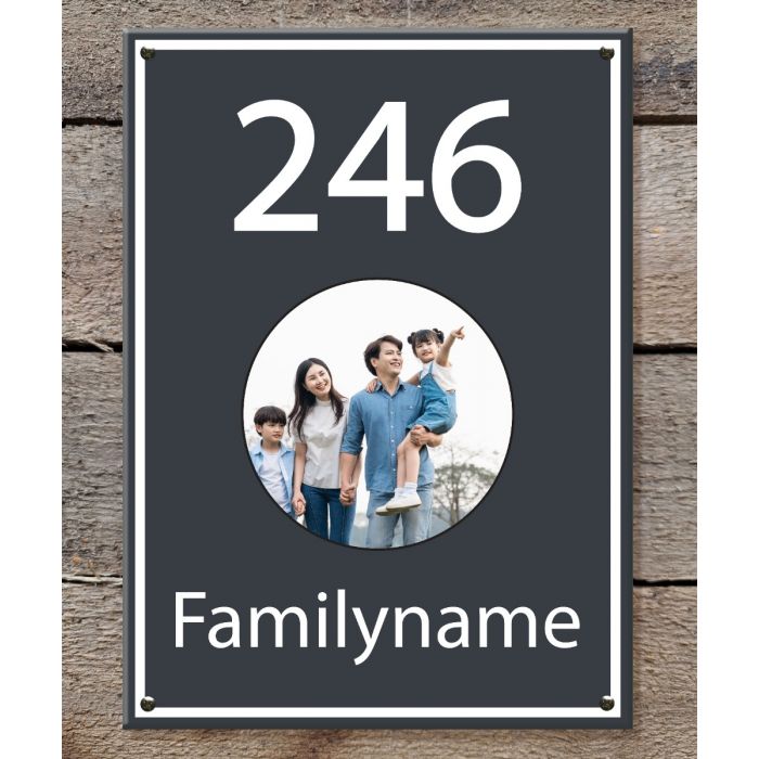 house number sign with family photo